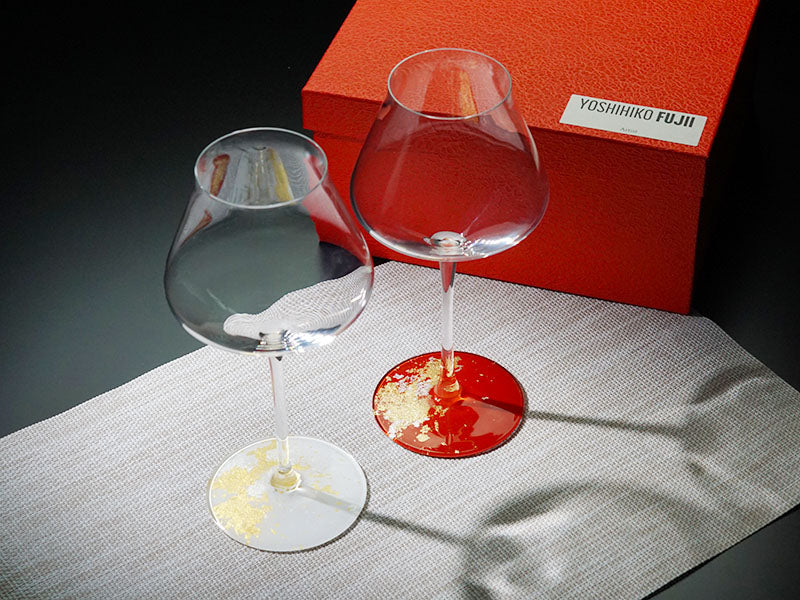 Kishu Lacquerware Red & White Pair Wine Glasses - Gold & Silver Leaf D